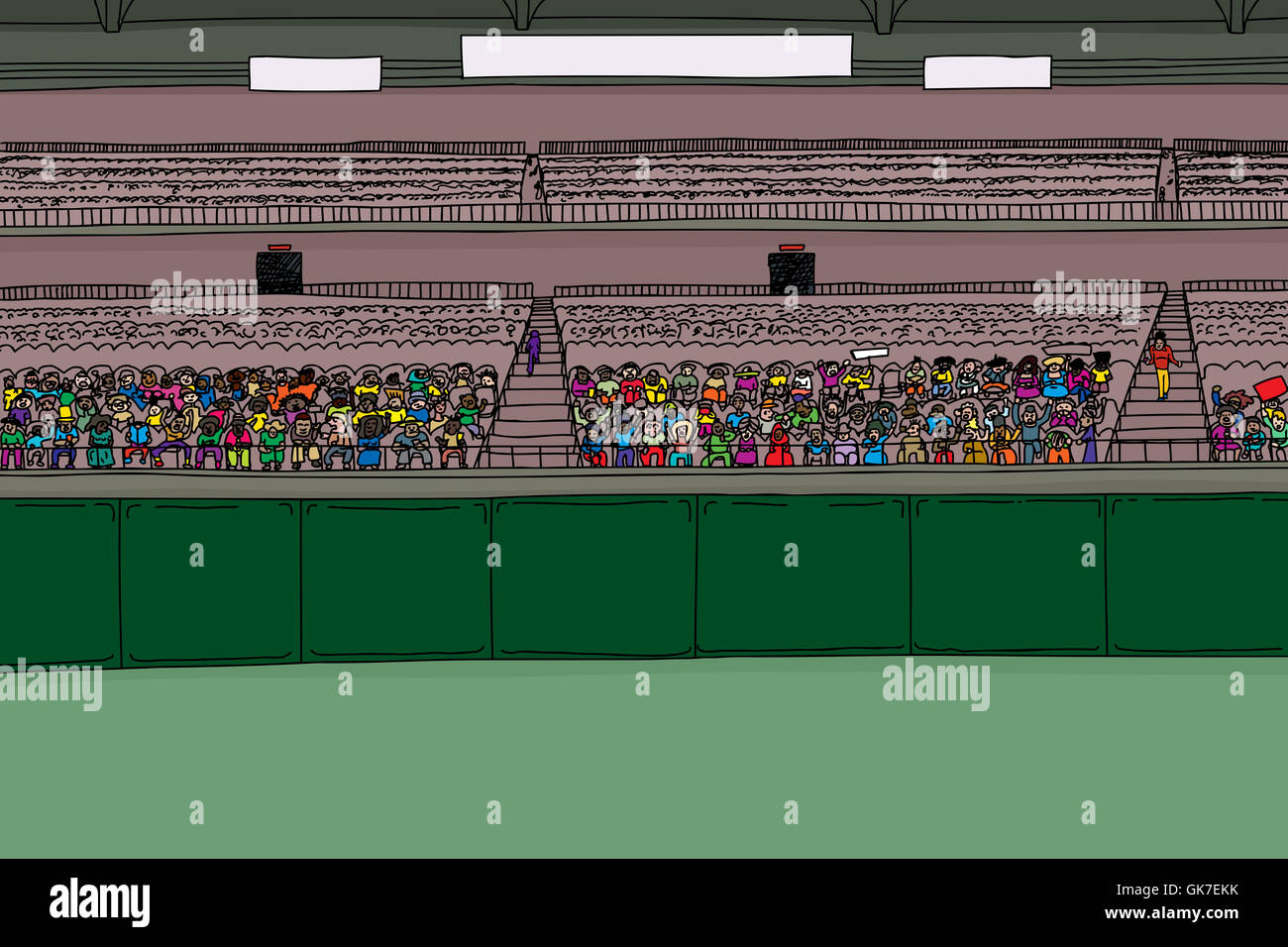 Cartoon illustration of stadium with large diverse crowd under blank ...