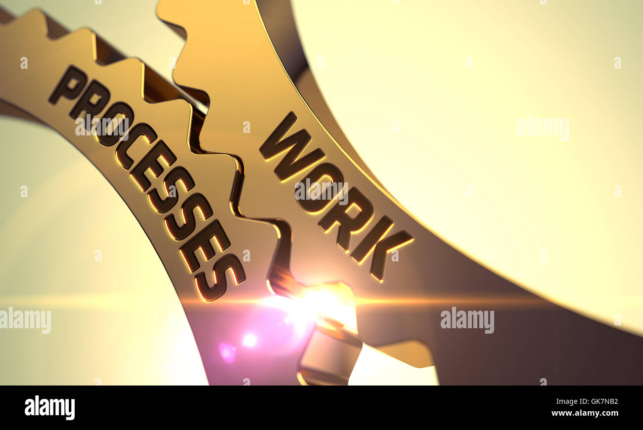 Golden Metallic Cog Gears with Work Processes Concept Stock Photo - Alamy