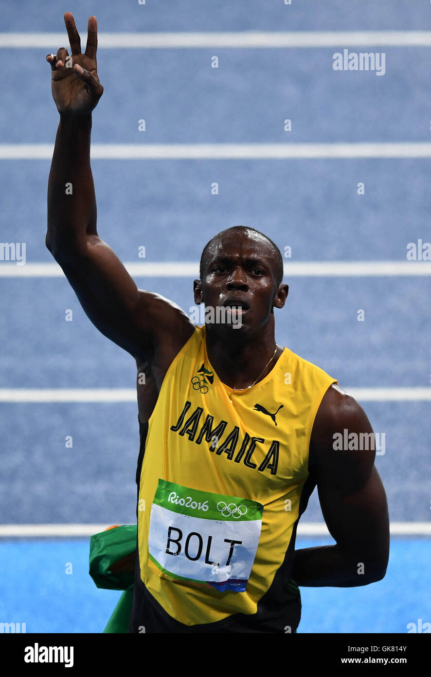 Rio De Janeiro, Brazil. 18th Aug, 2016. Jamaica's Usain Bolt celebrates ...