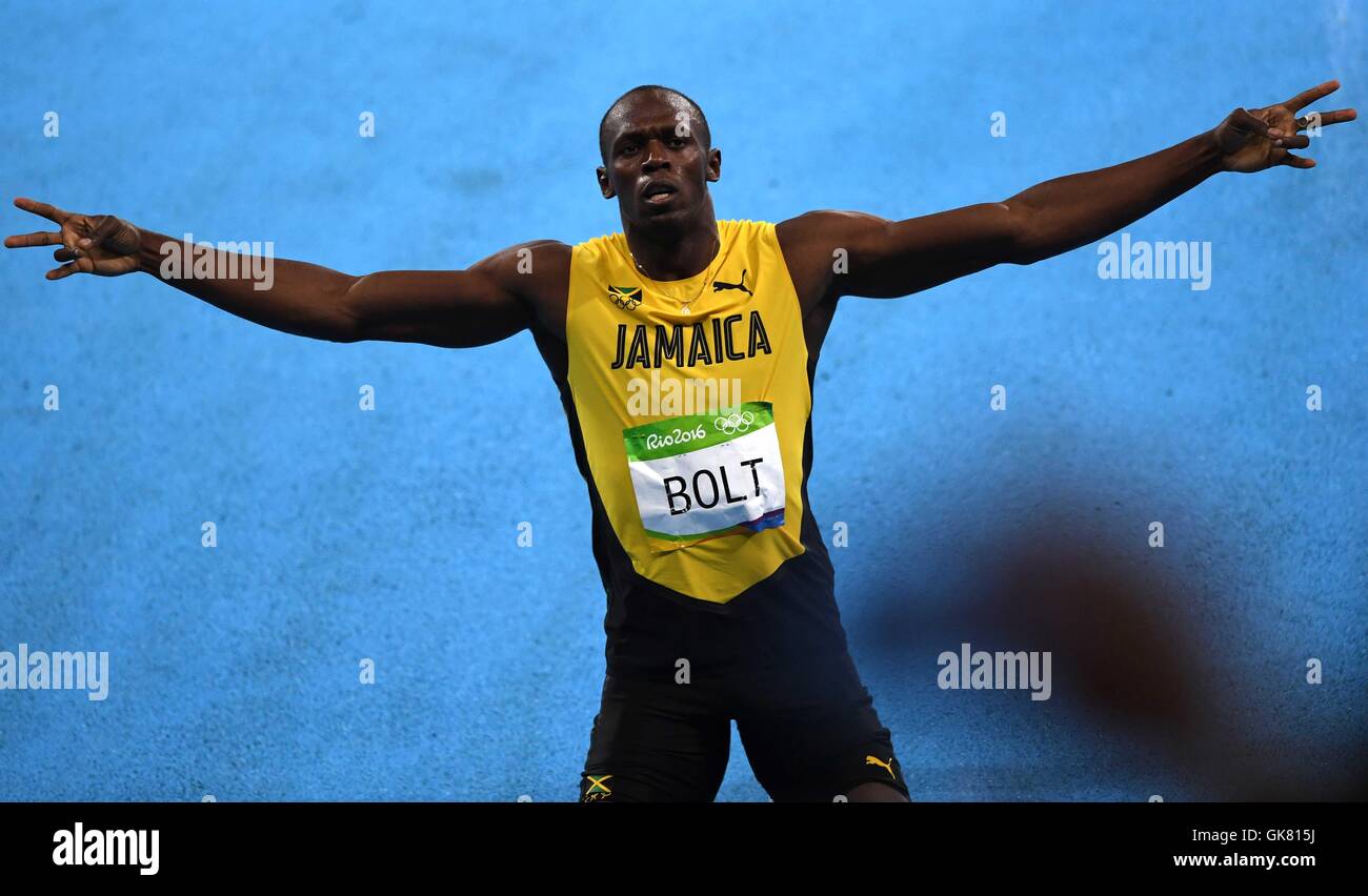Rio De Janeiro, Brazil. 18th Aug, 2016. Jamaica's Usain Bolt celebrates ...