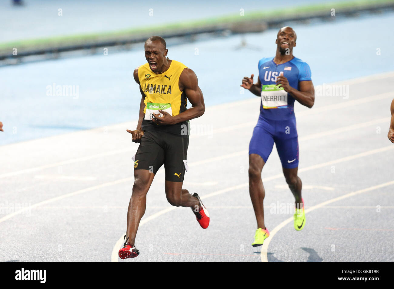 Rio De Janeiro, Brazil. 18th Aug, 2016. Jamaican runner USAIN BOLT wins ...