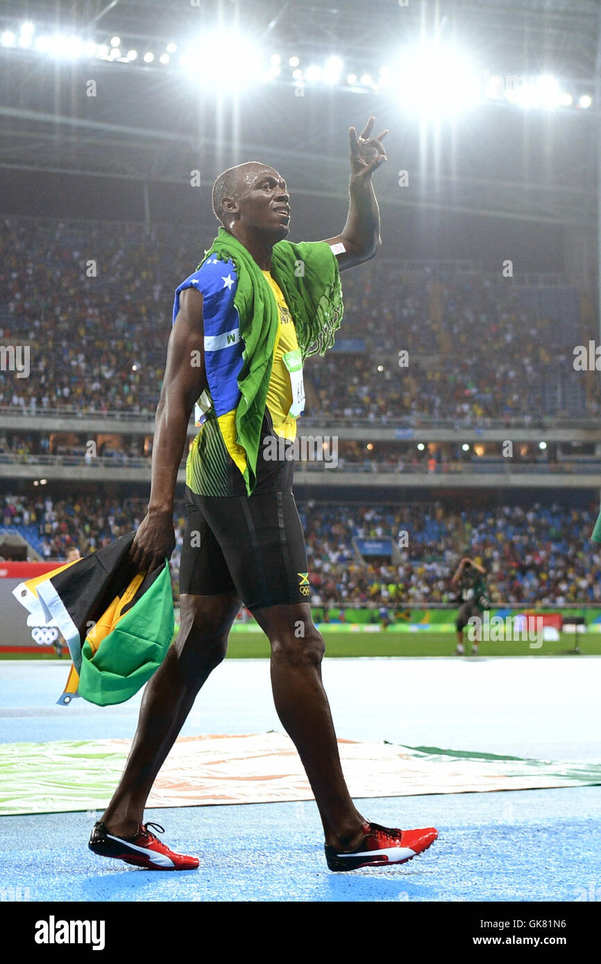 Rio de Janeiro, Brazil. 18th Aug, 2016. Usain Bolt of Jamaica reacts ...
