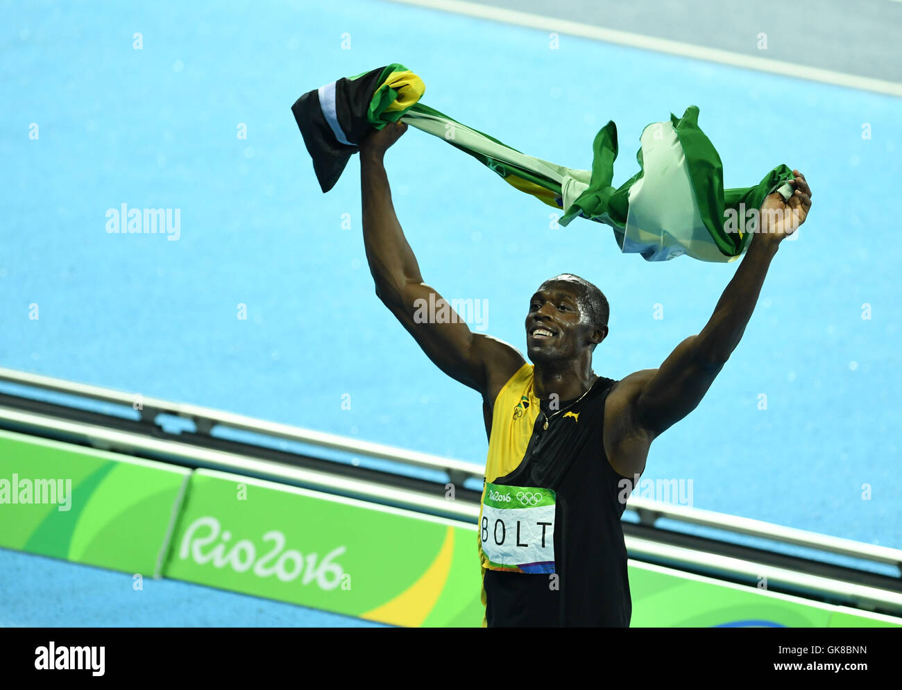 Rio De Janeiro, Brazil. 19th Aug, 2016. Jamaica's Usain Bolt celebrates ...