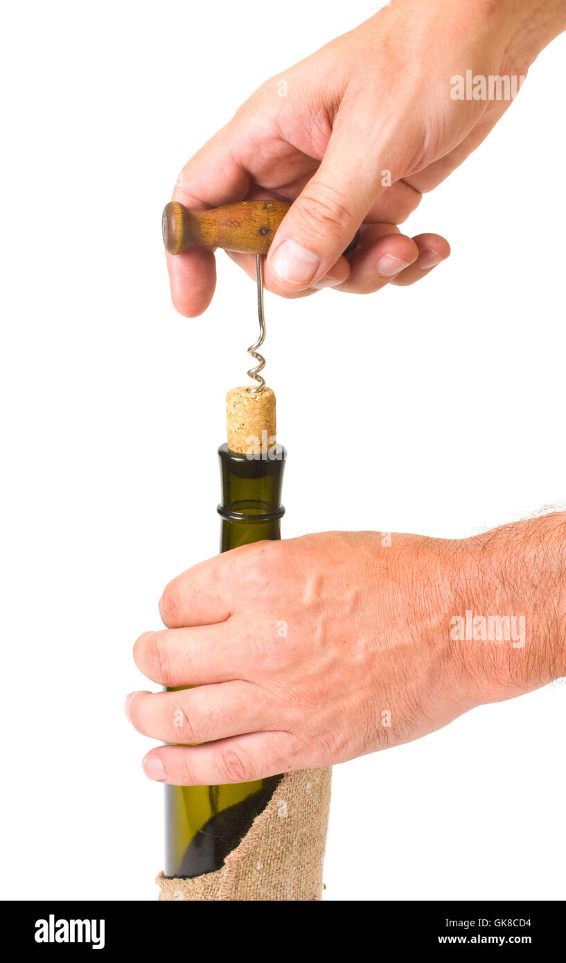 pulling corkscrew cork from the bottle Stock Photo - Alamy