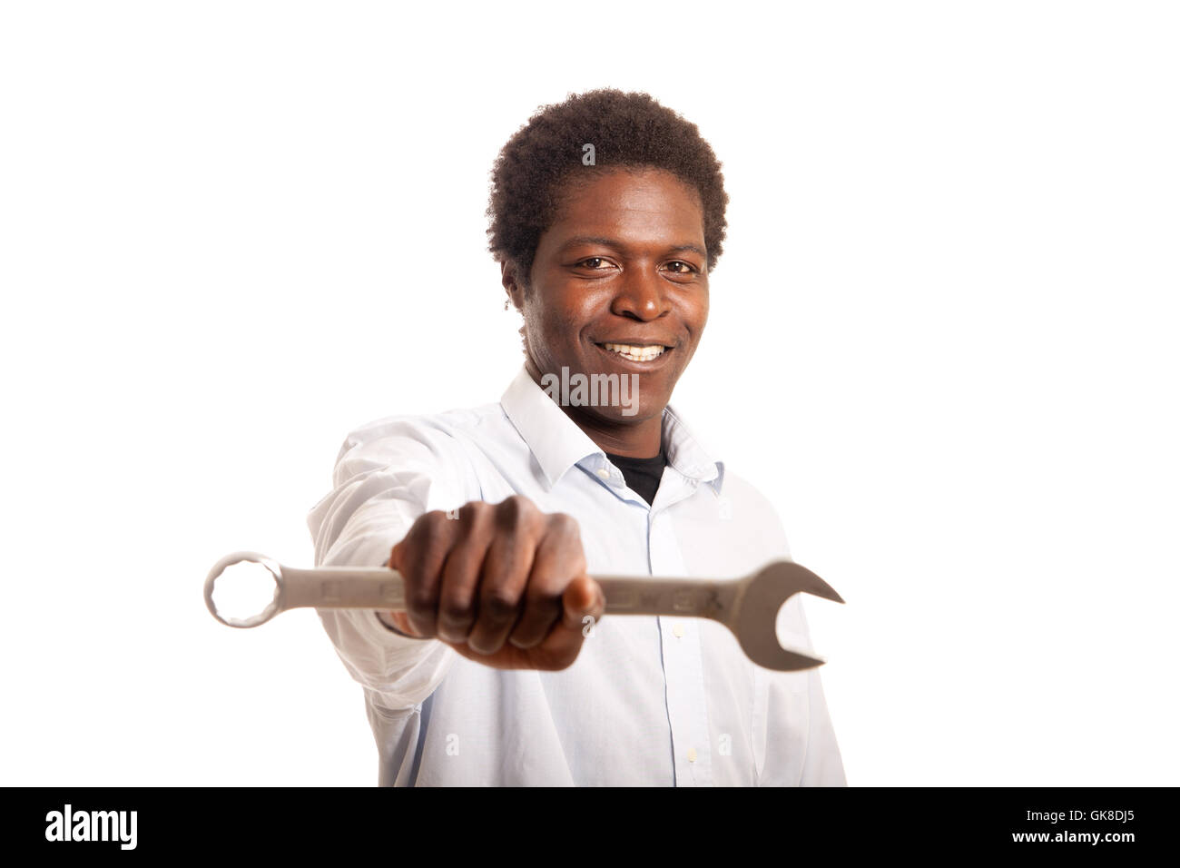 young black man holding wrench Stock Photo - Alamy