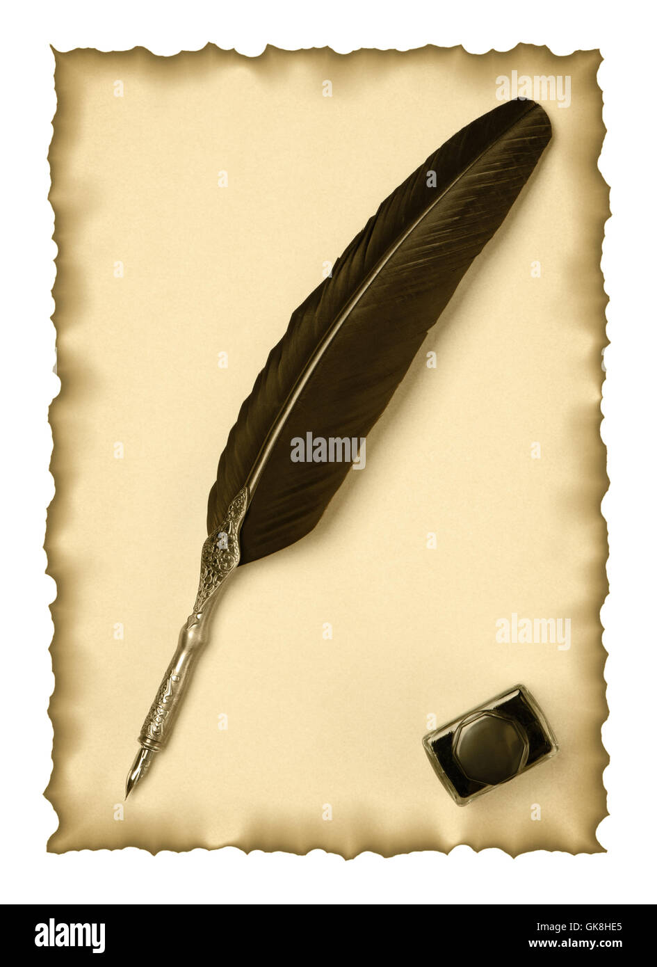 Feather quill and inkwell on an old paper Stock Photo - Alamy
