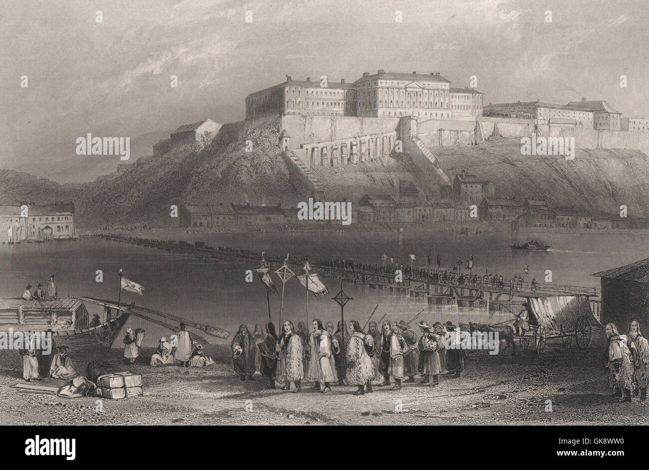 Budapest. Hungarian pilgrims procession, Pesth, Hungary. Danube Donau ...