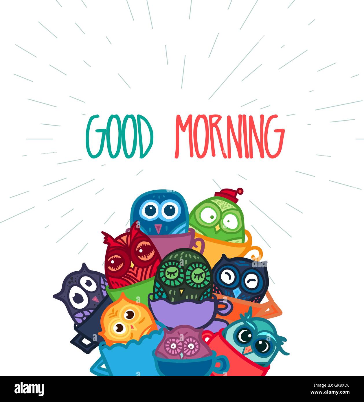 Hand Drawn Funny Owl with Cup of Coffee Banner. Owl with Good Morning ...