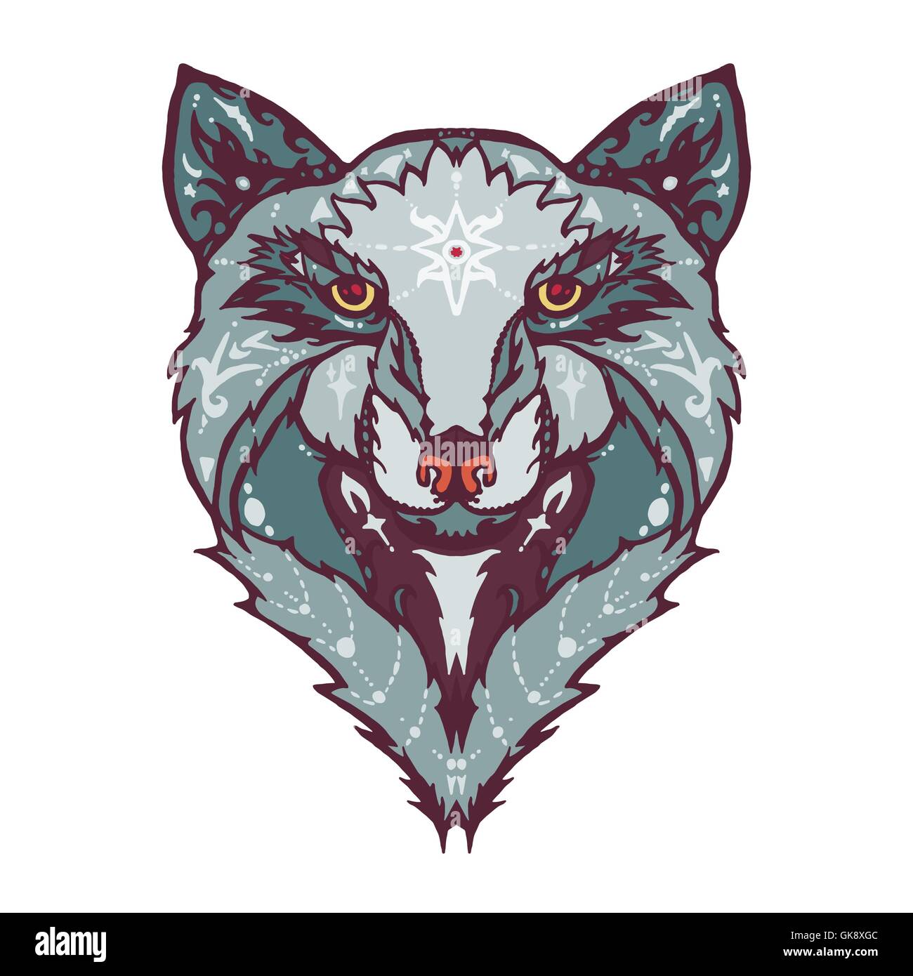 Illustration of isolated detailed wild wolf head in vintage and aztec ...