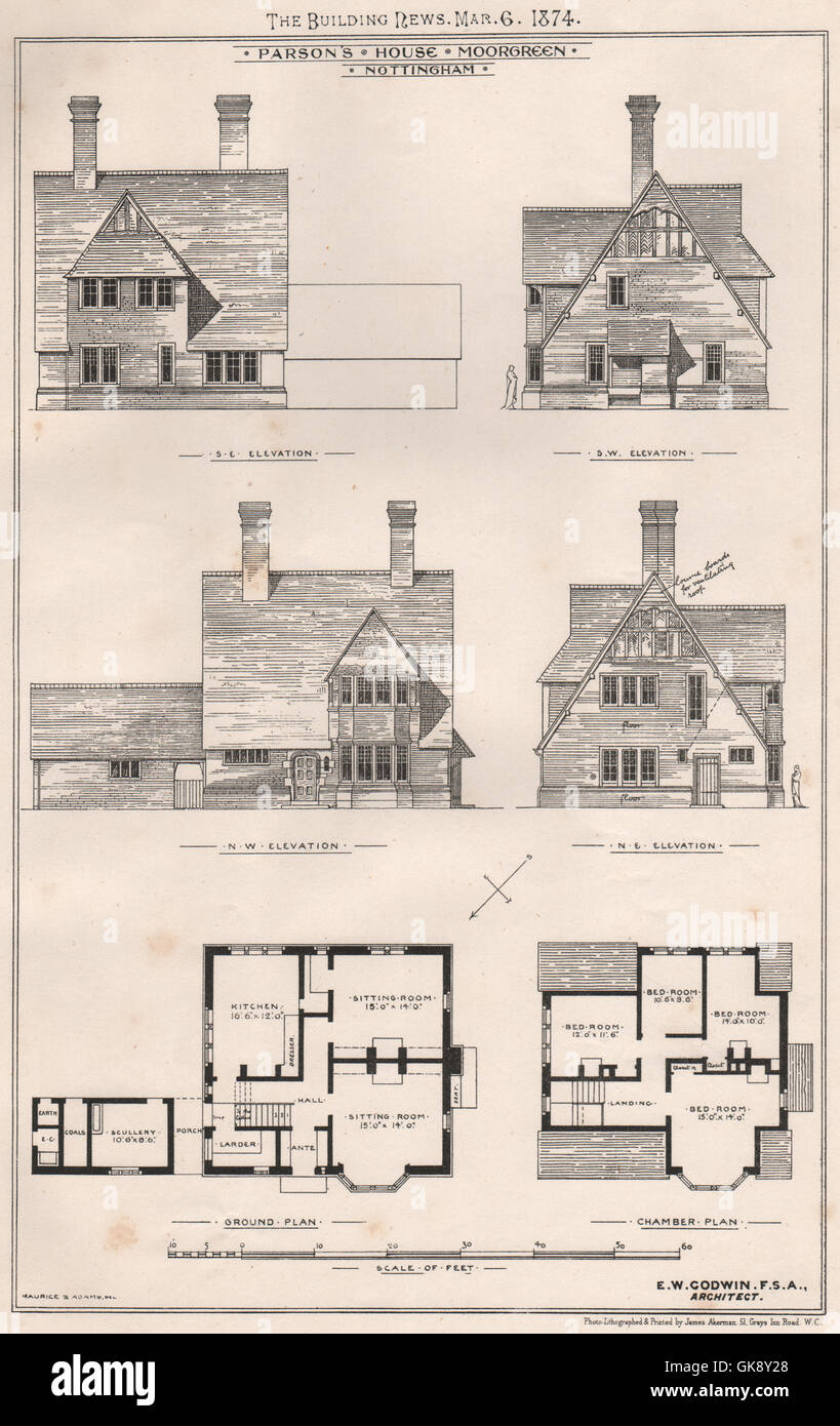 Parson's House, Moorgreen, Nottingham; E.W. Godwin Architect, old print ...