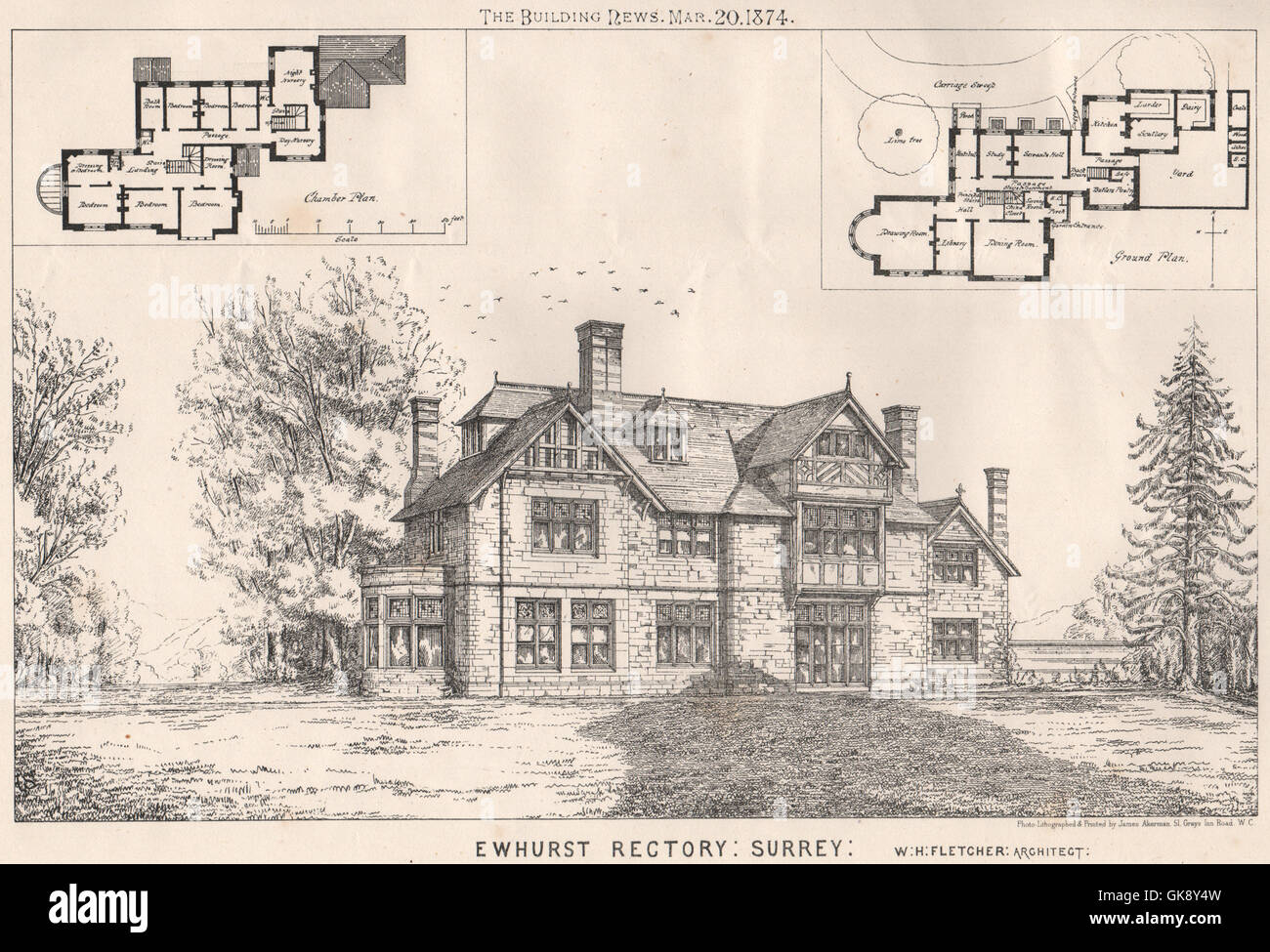 Ewhurst Rectory, Surrey; W.H. Fletcher, Architect, antique print 1874 ...
