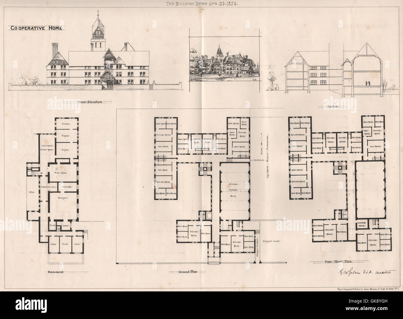 Co-operative home, EW Godwin, FSA, Architect. England, antique print ...