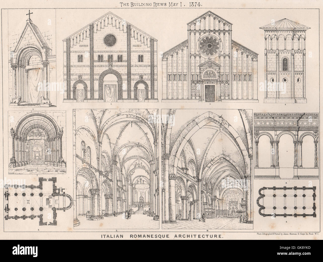 Italian Romanesque architecture. Italy, antique print 1874 Stock Photo ...