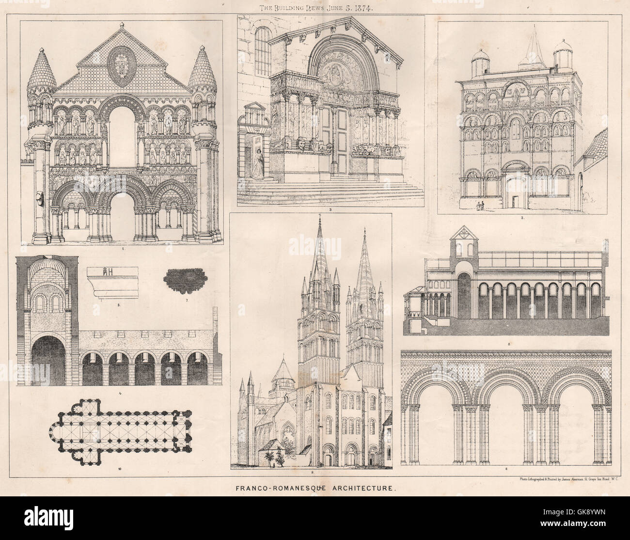 Franco-Romanesque architecture. Architecture, antique print 1874 Stock ...