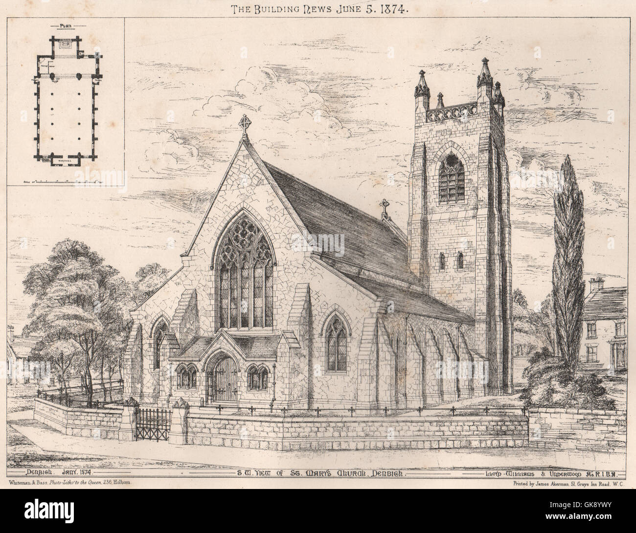 S.W. View of St. Mary's Church, Denbigh. Wales, antique print 1874 ...