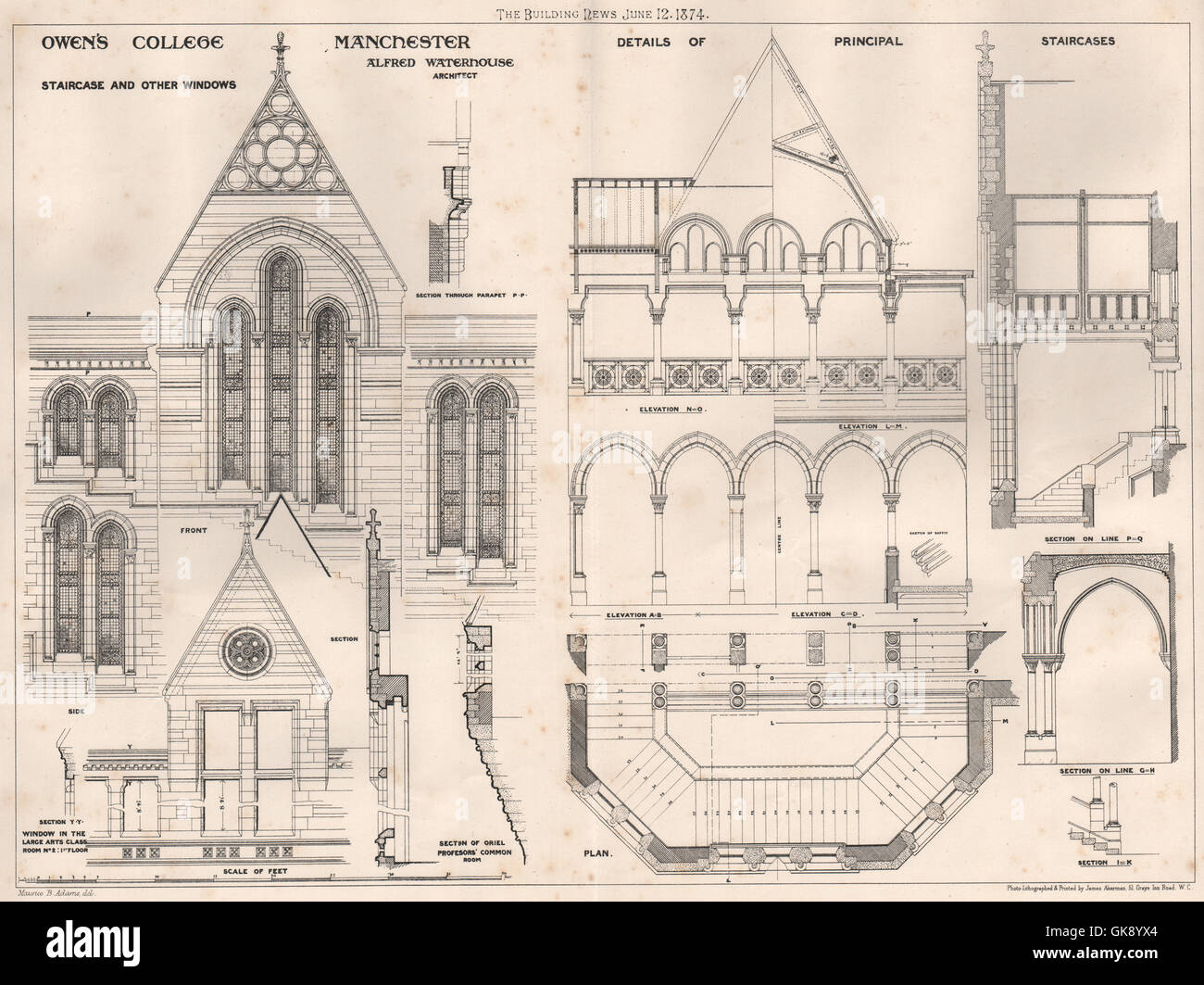 Owen's College, Manchester. Staircase windows; Alfred Waterhouse, print ...