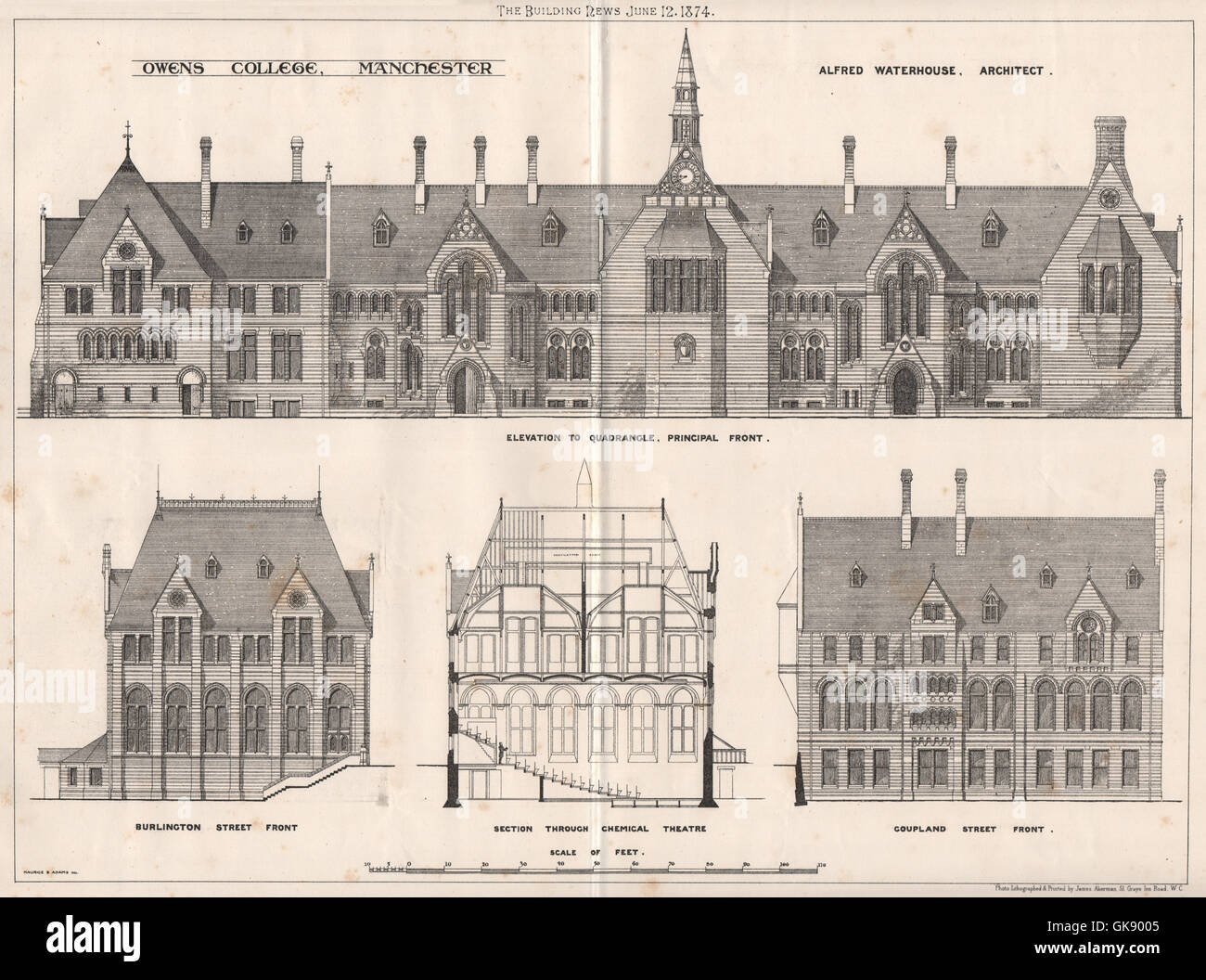 Owens College, Manchester; Alfred Waterhouse, Architect, antique print ...