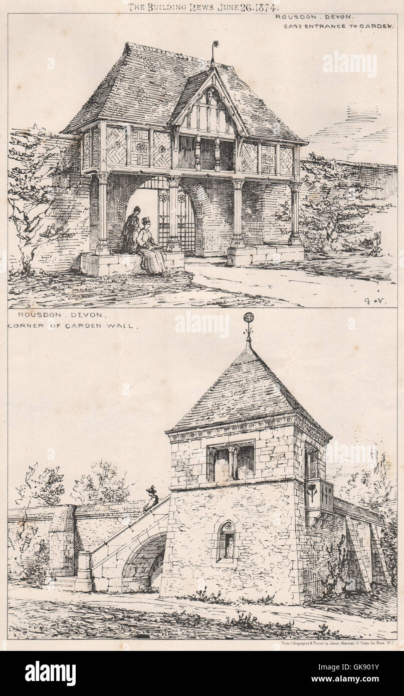 Rousdon, Devon. East entrance to garden; Corner of garden wall, old ...