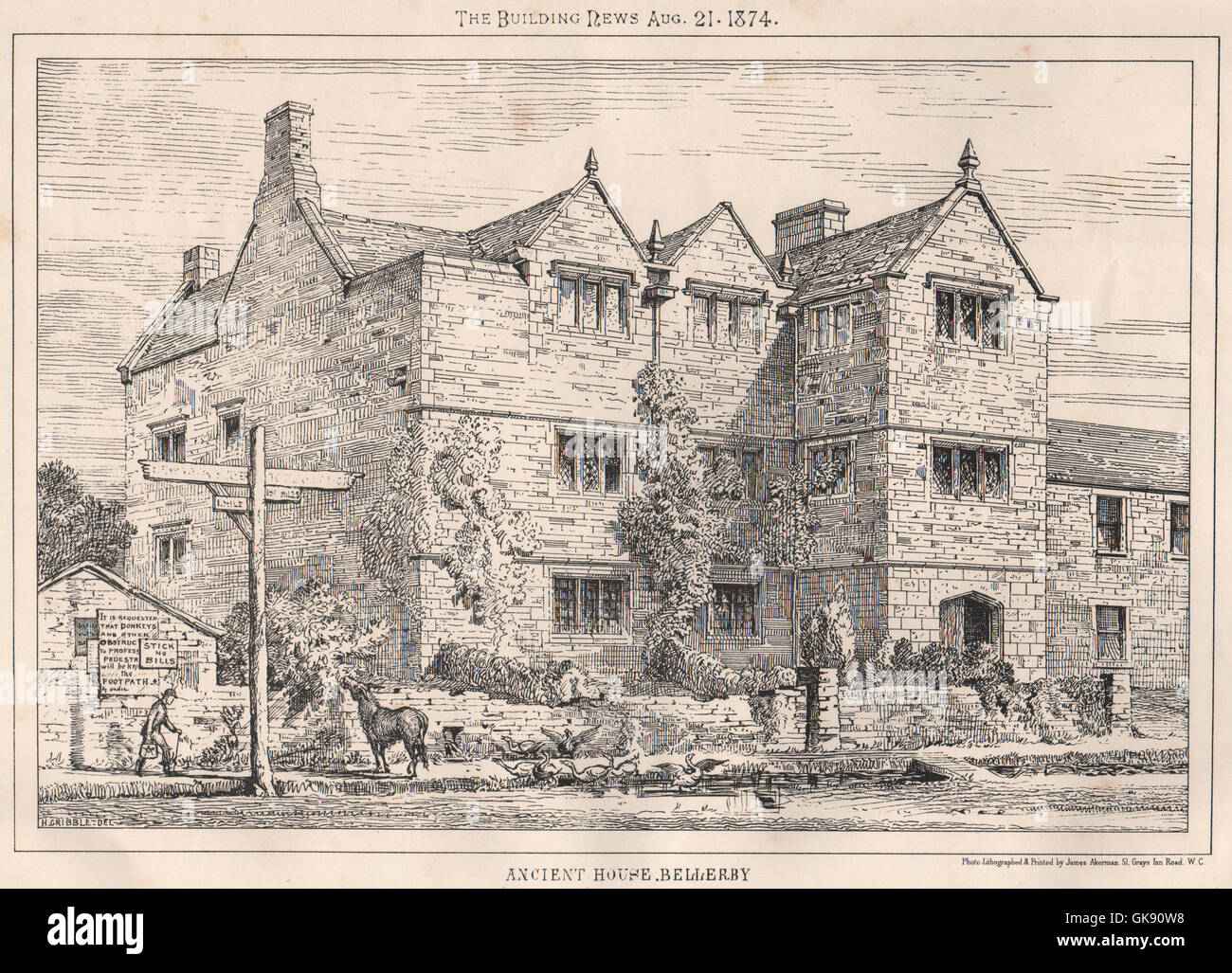 Ancient House, Bellerby. Yorkshire, antique print 1874 Stock Photo - Alamy