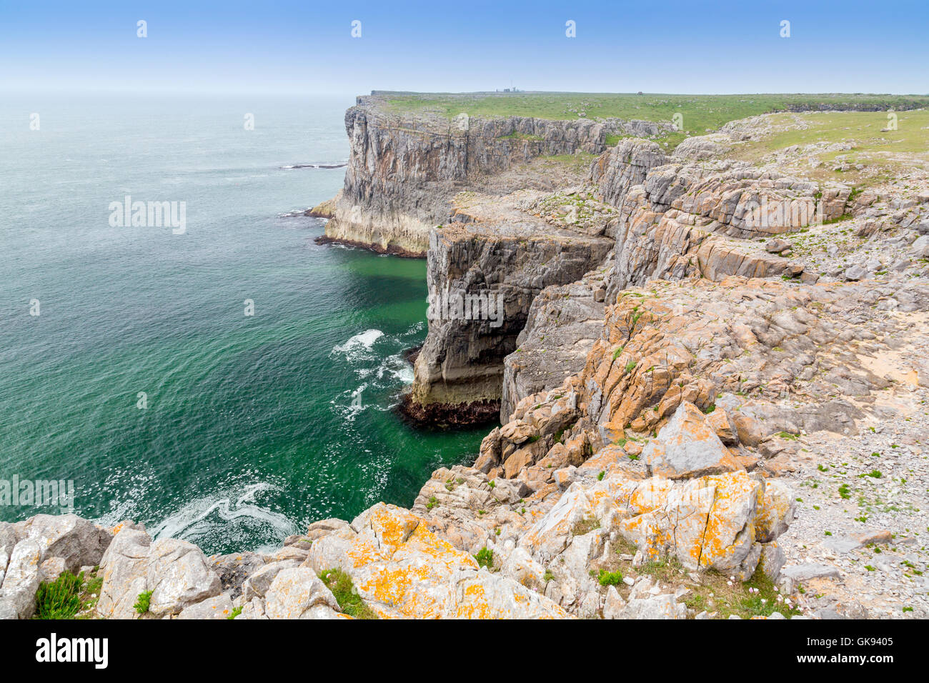 The vertical limestone cliffs and ledges near St Govans Chapel in the ...