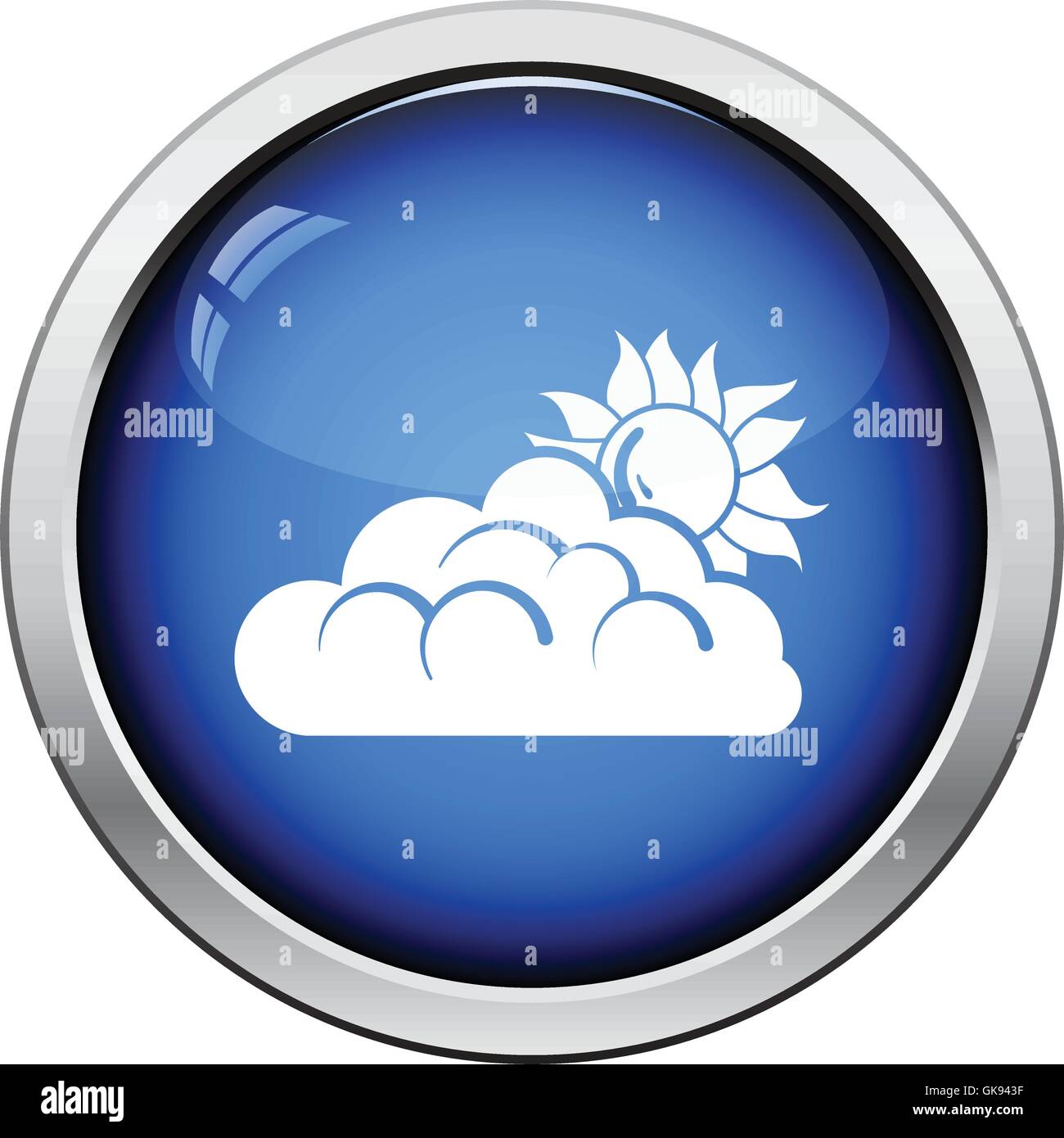 Sun behind clouds icon. Glossy button design. Vector illustration Stock ...