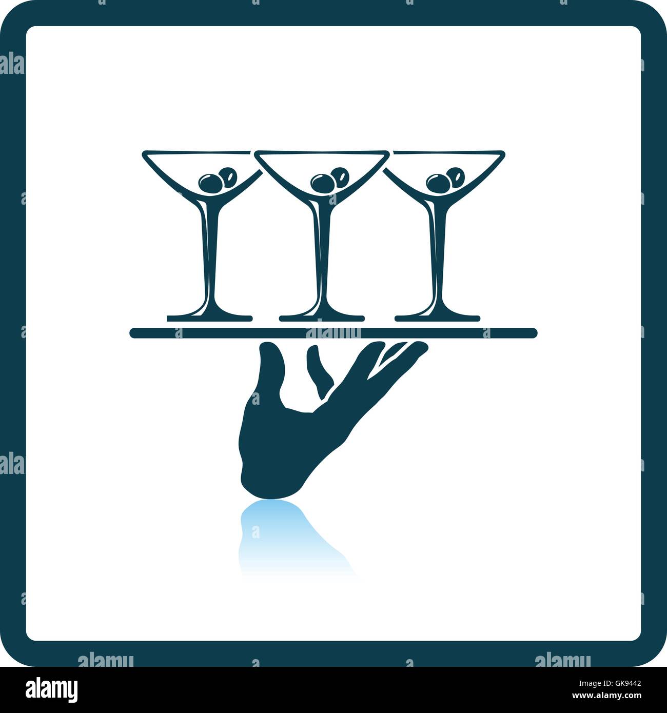 Waiter hand holding tray with martini glasses icon. Shadow reflection ...