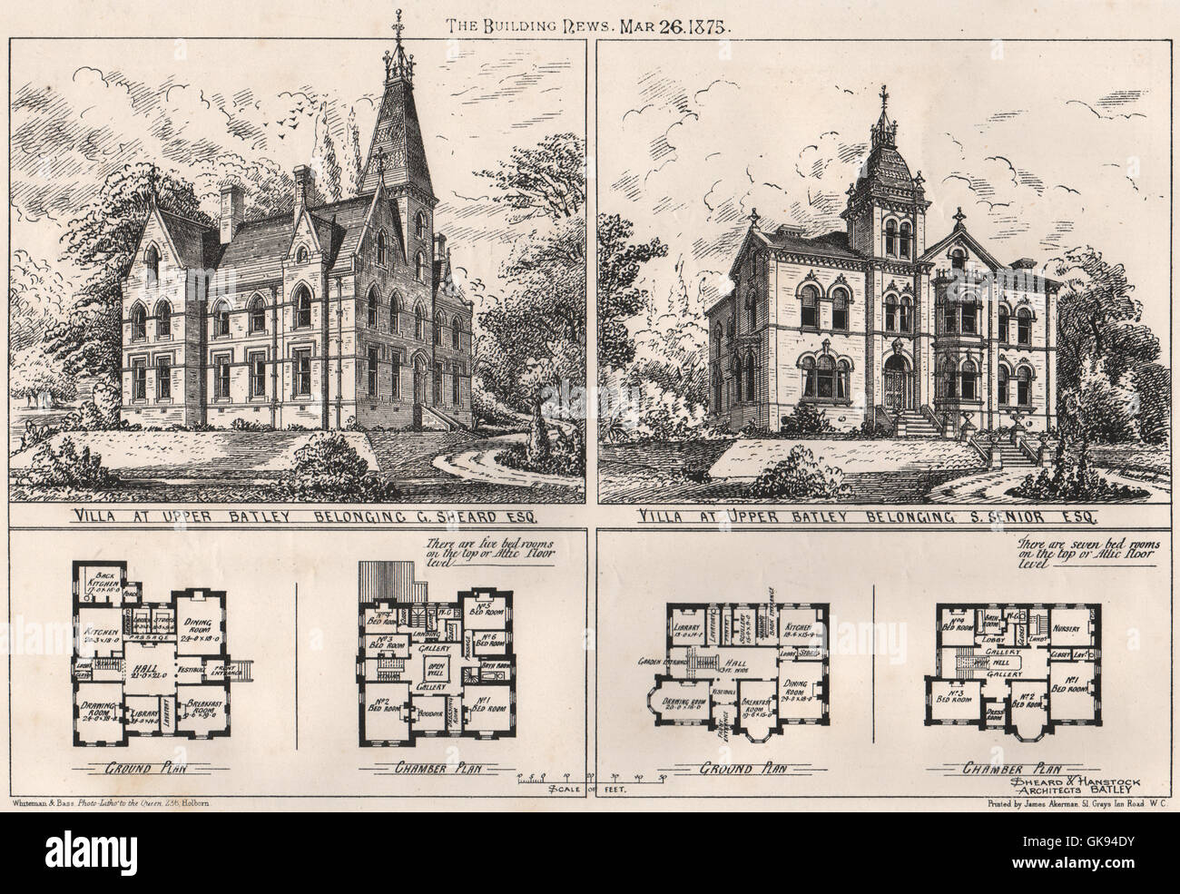 Upper Batley villas, Yorkshire (G. Sheard & S. Senior), antique print ...