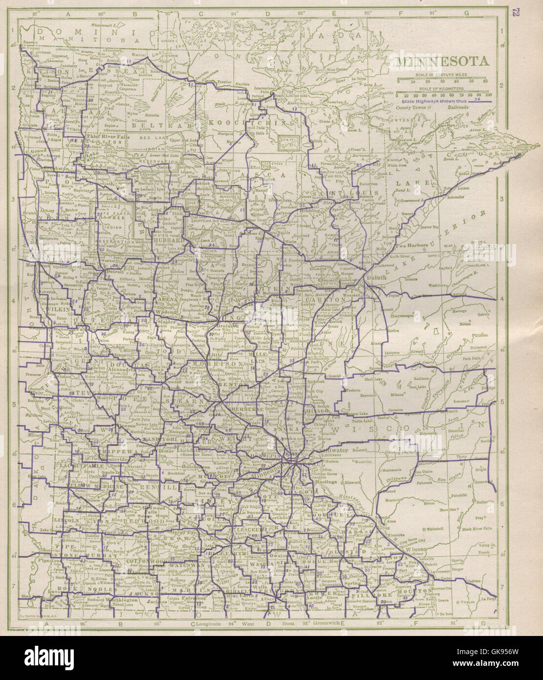 Minnesota State Highways. POATES, 1925 vintage map Stock Photo - Alamy