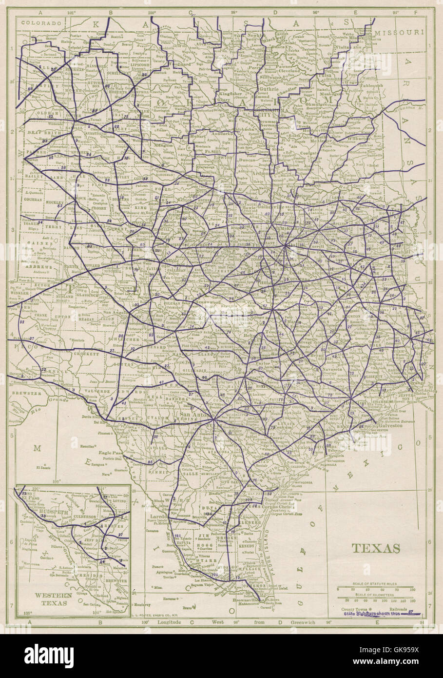 Texas State Highways. POATES, 1925 vintage map Stock Photo - Alamy