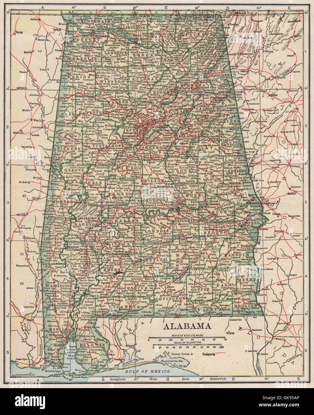 Alabama state map showing railroads. POATES, 1925 Stock Photo - Alamy
