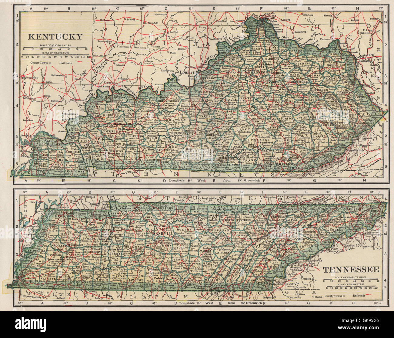 Kentucky & Tennessee state map showing railroads. POATES, 1925 Stock ...