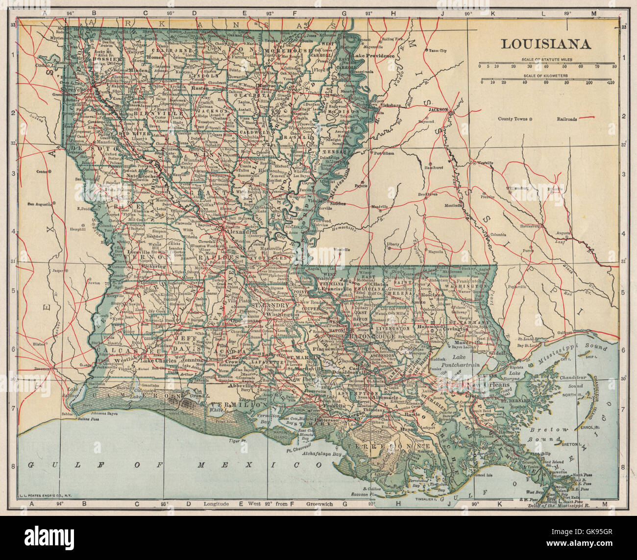 Louisiana state map showing railroads. POATES, 1925 Stock Photo - Alamy
