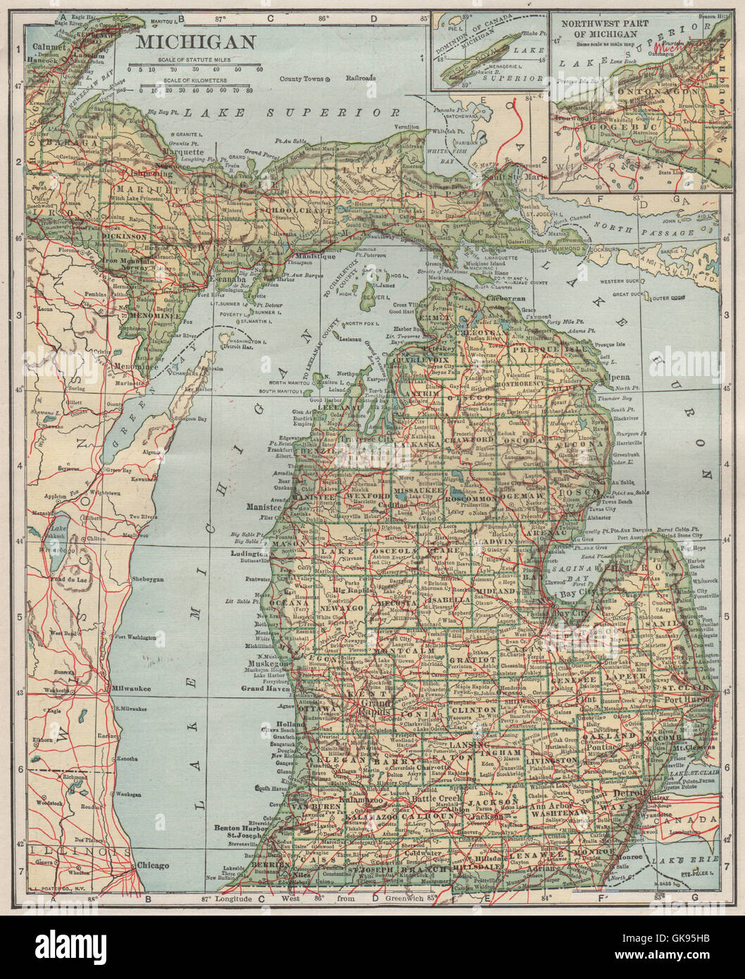 Michigan state map showing railroads. POATES, 1925 Stock Photo - Alamy