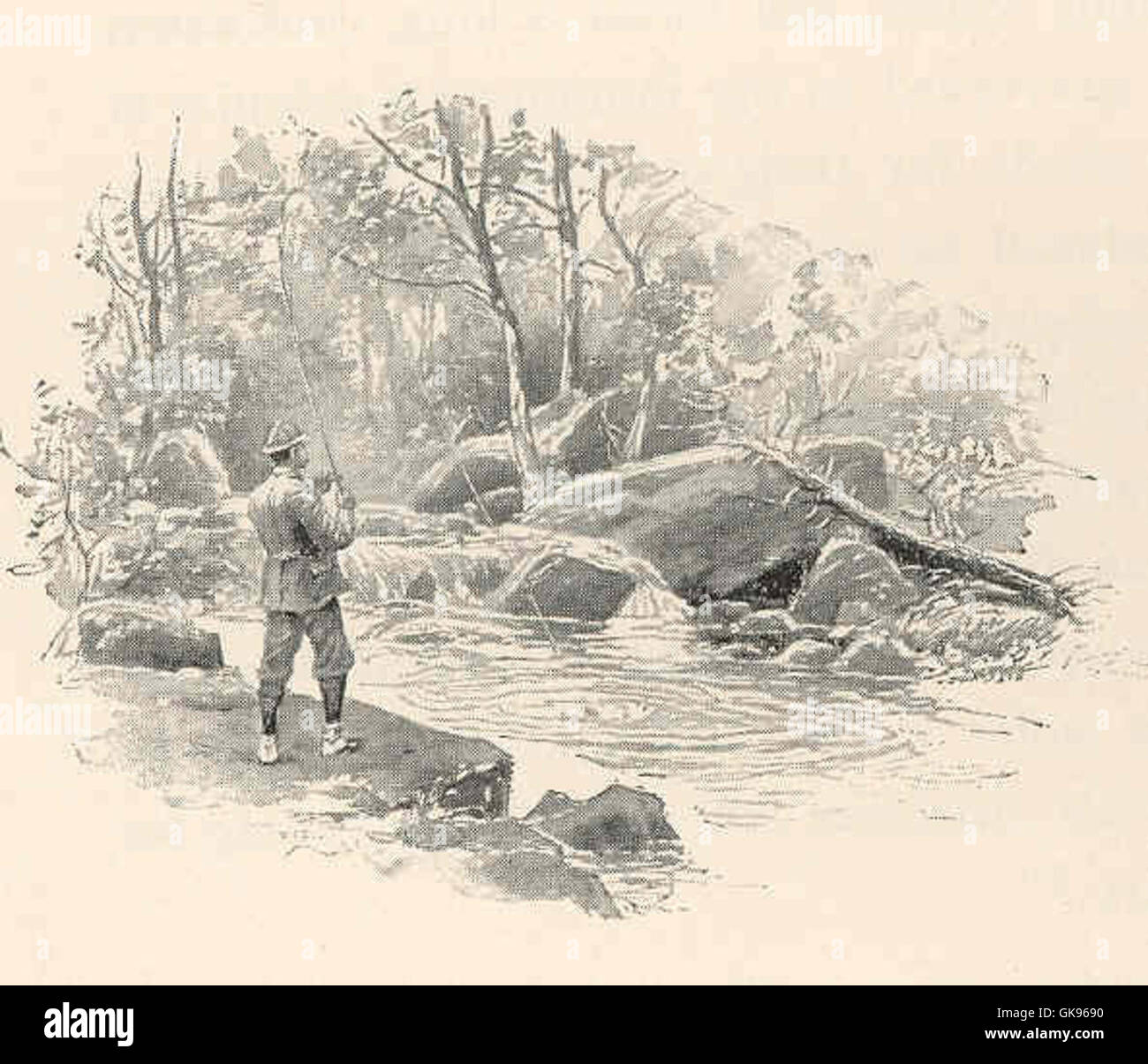 This image depicts a fisherman at work by a stream, capturing the ...
