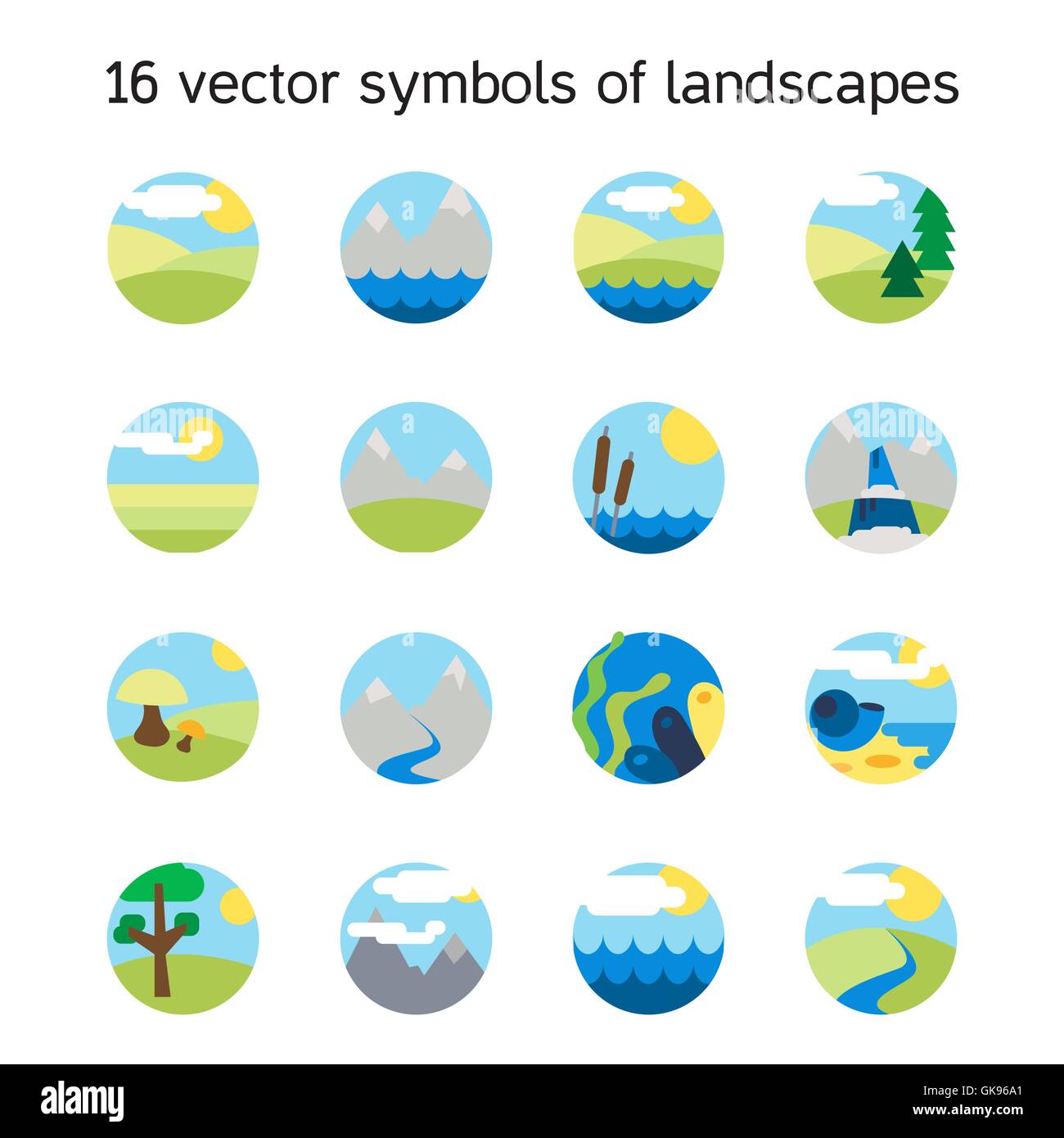 Landscape icons collection. Nature symbols and paysages in round form ...