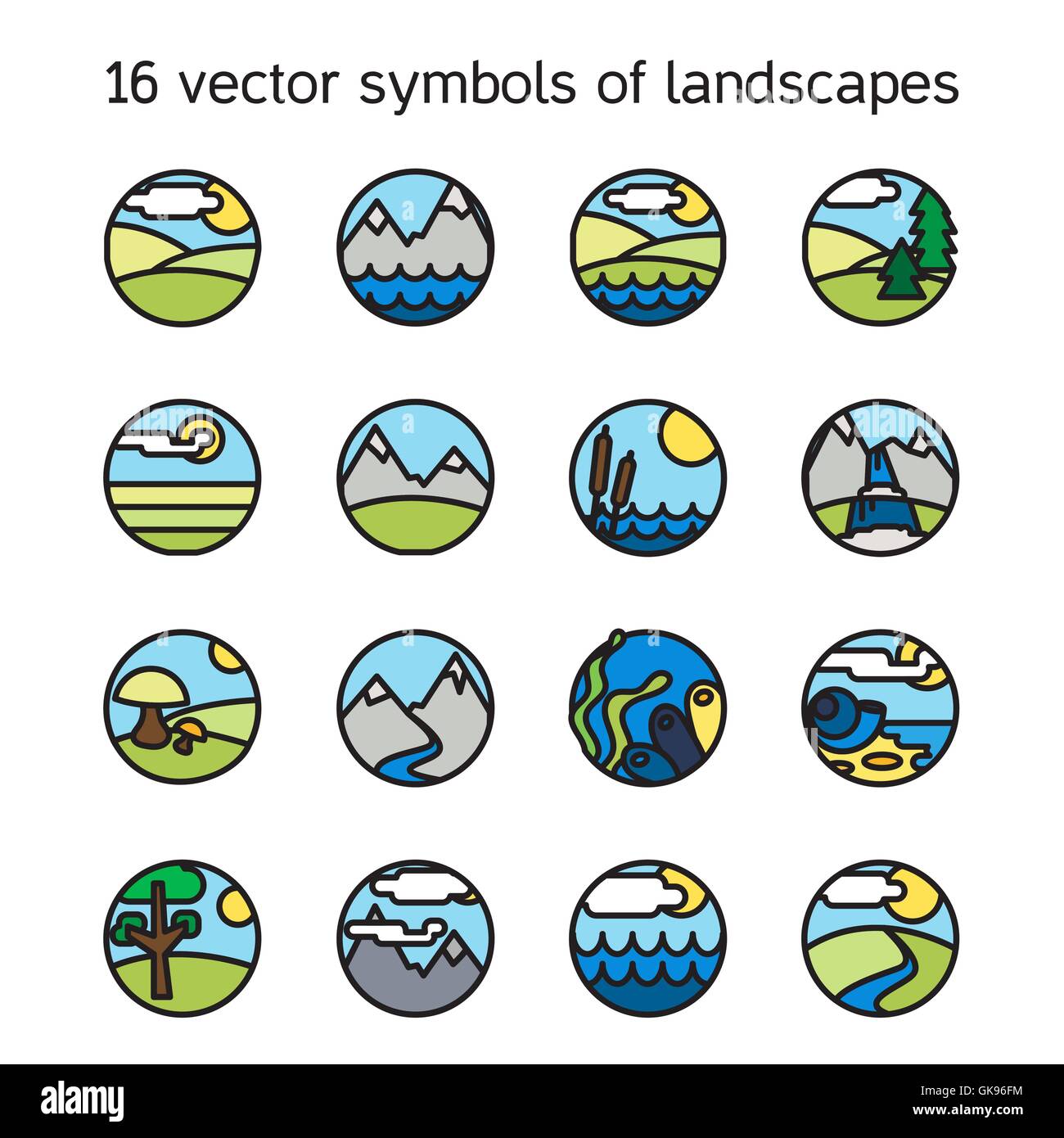 Landscape icons collection. Nature symbols and paysages in round form ...
