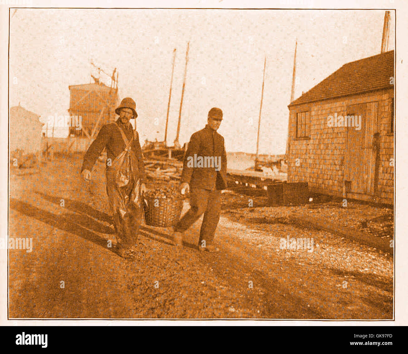 A depiction of workers carrying scallops to the shanties for opening ...