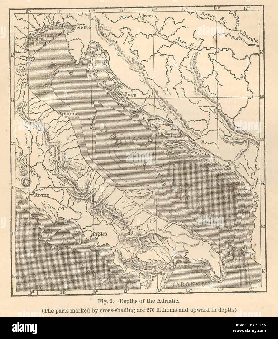 This map illustrates the depths of the Adriatic Sea, highlighting areas ...