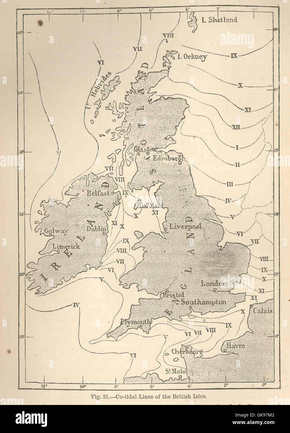 This map illustrates the co-tidal lines around the British Isles ...
