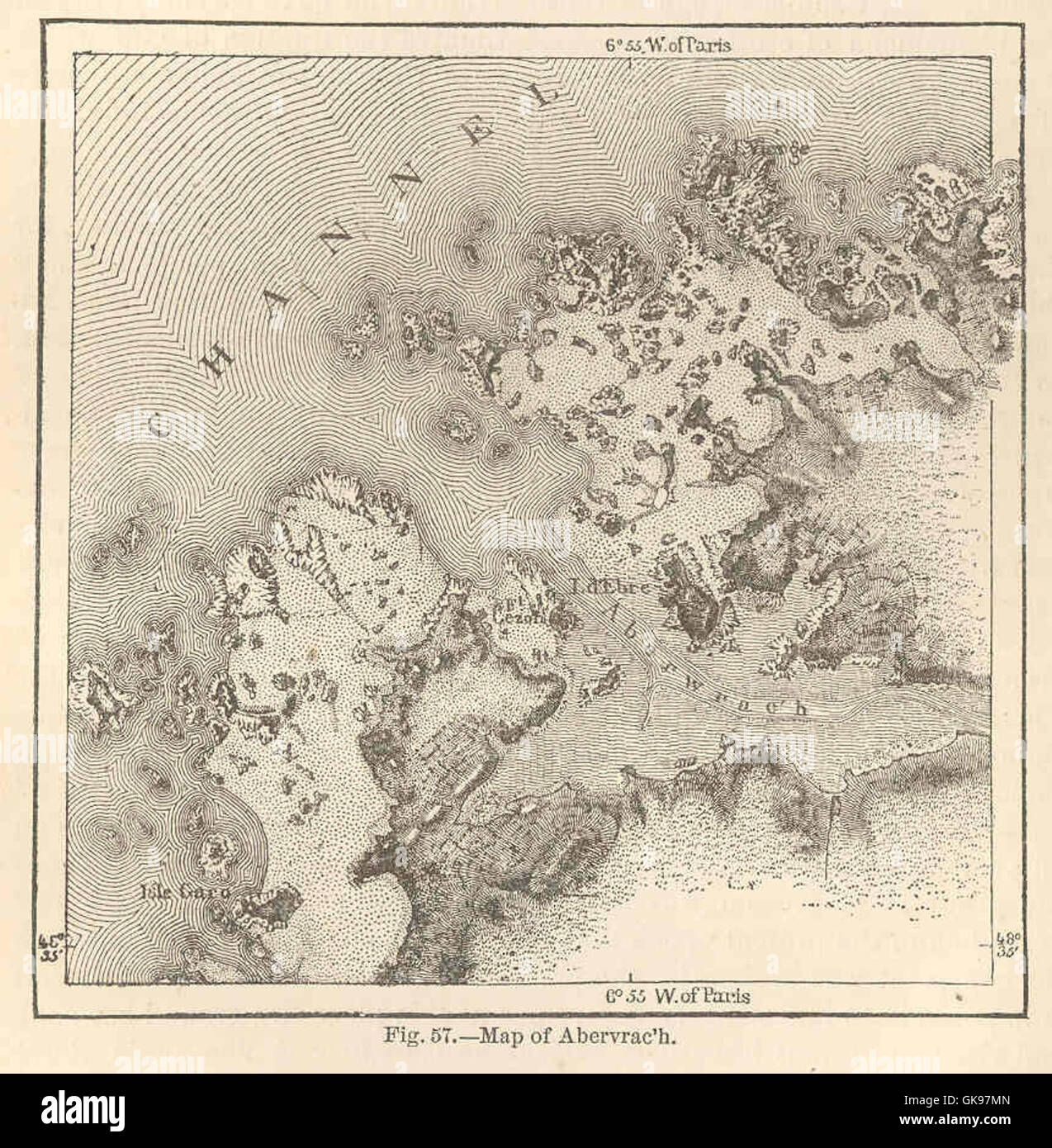 A historical map of Abervrac'h, depicting its geography and key ...