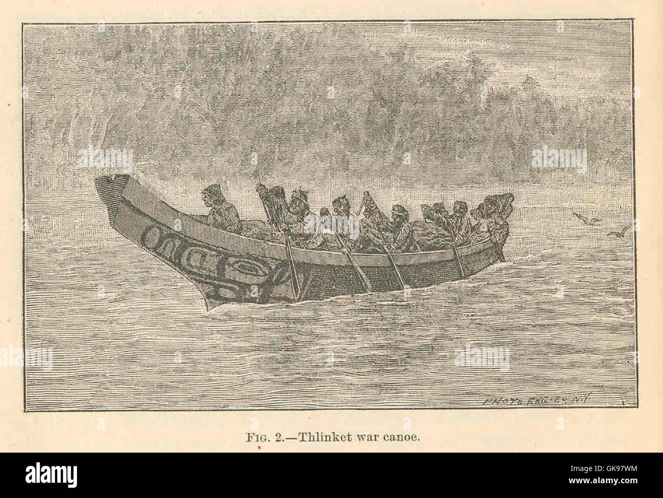 This entry describes the Thlinket war canoe, a traditional vessel used ...