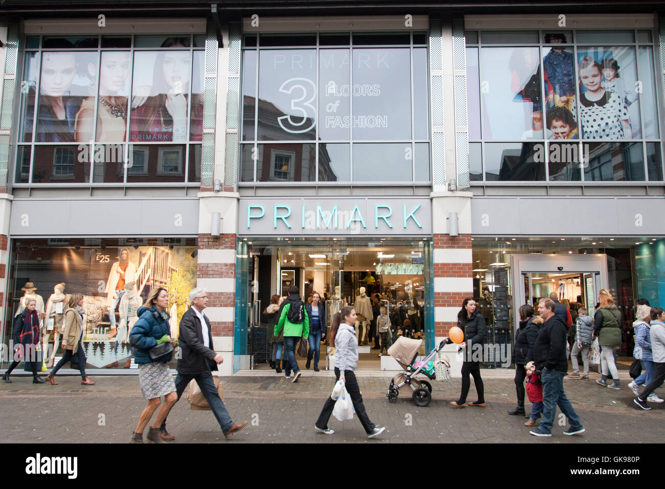 Close up of Primark in busy street filled with shoppers in Whitefriars ...