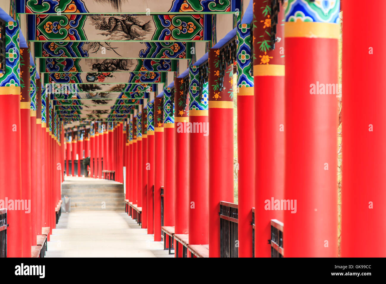 Red columns of the Heyang Temple in Heqing, Yunnan in China Stock Photo ...