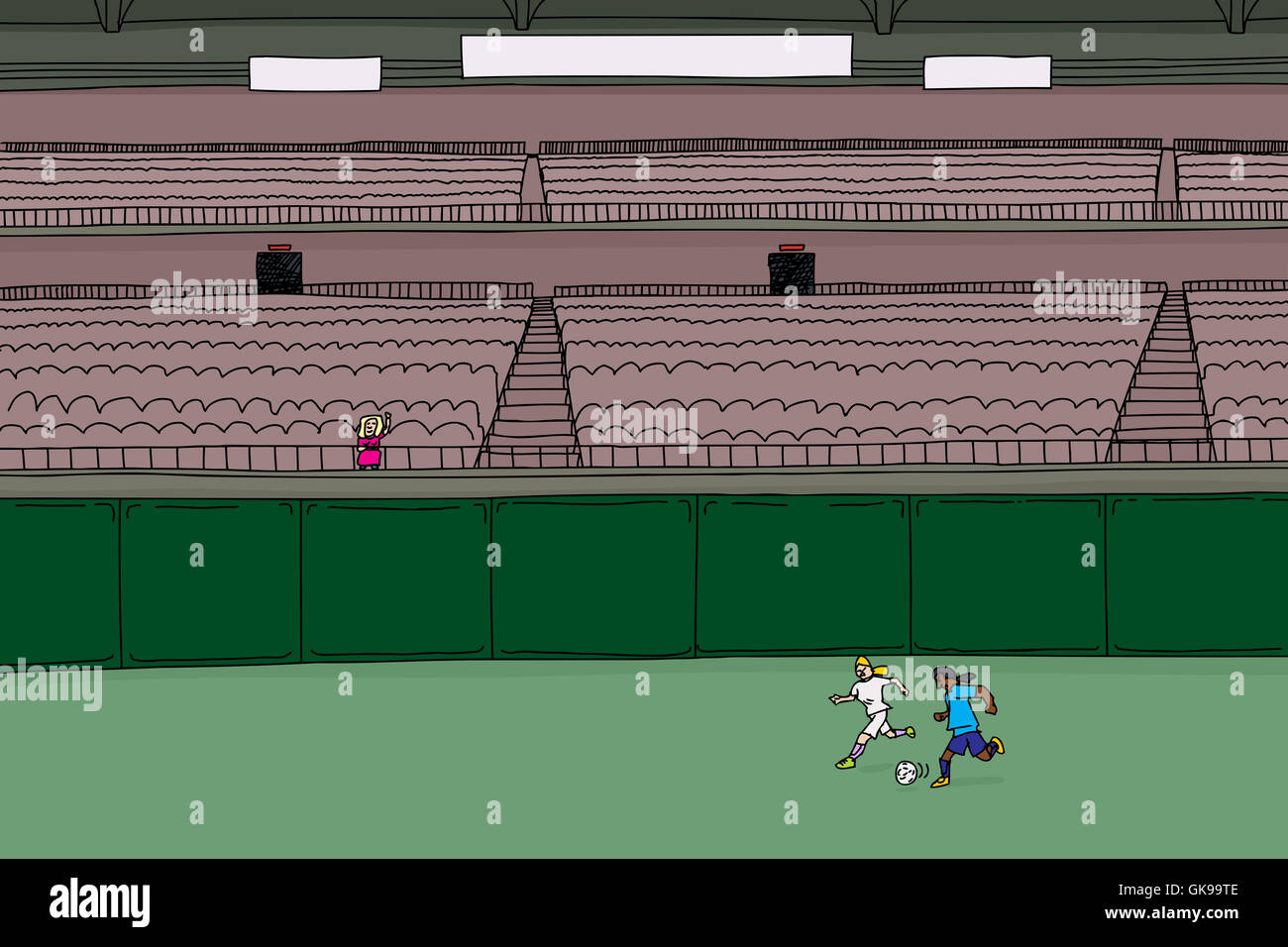 Doodle cartoon of empty stadium with single waving fan and two soccer ...