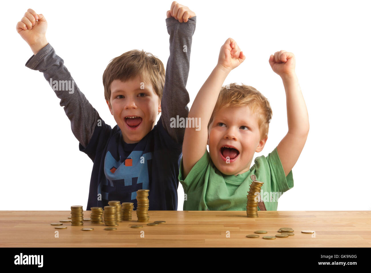 two guys in front of cheering money stacks Stock Photo - Alamy