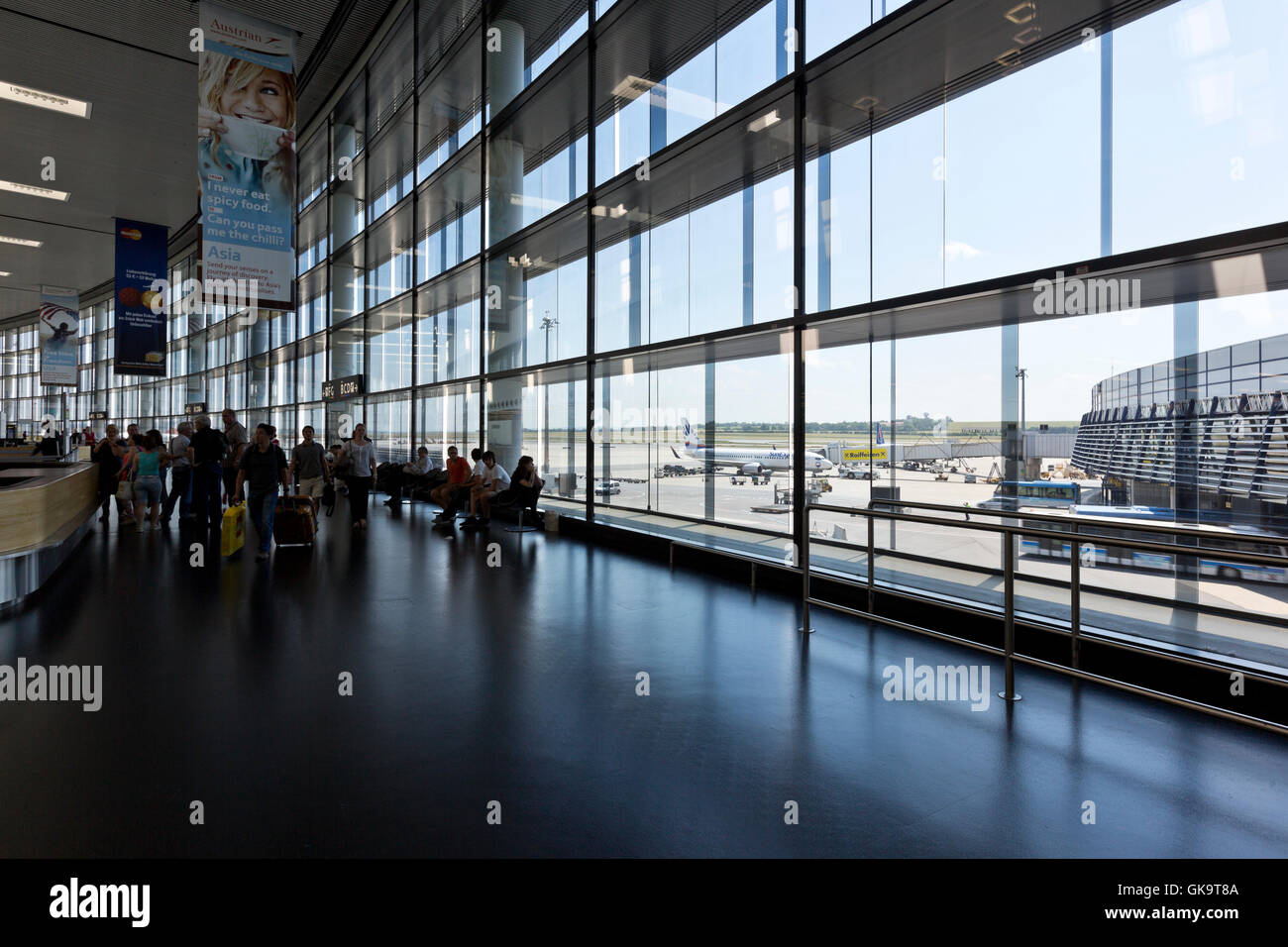 Signs Vienna airport passengers in the airport hall, Austria Stock ...