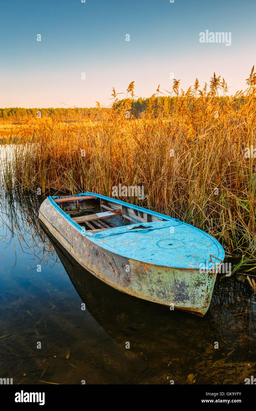 The Moored Old Shabby Wooden Blue Fishing Rowboats Skippets, Left ...