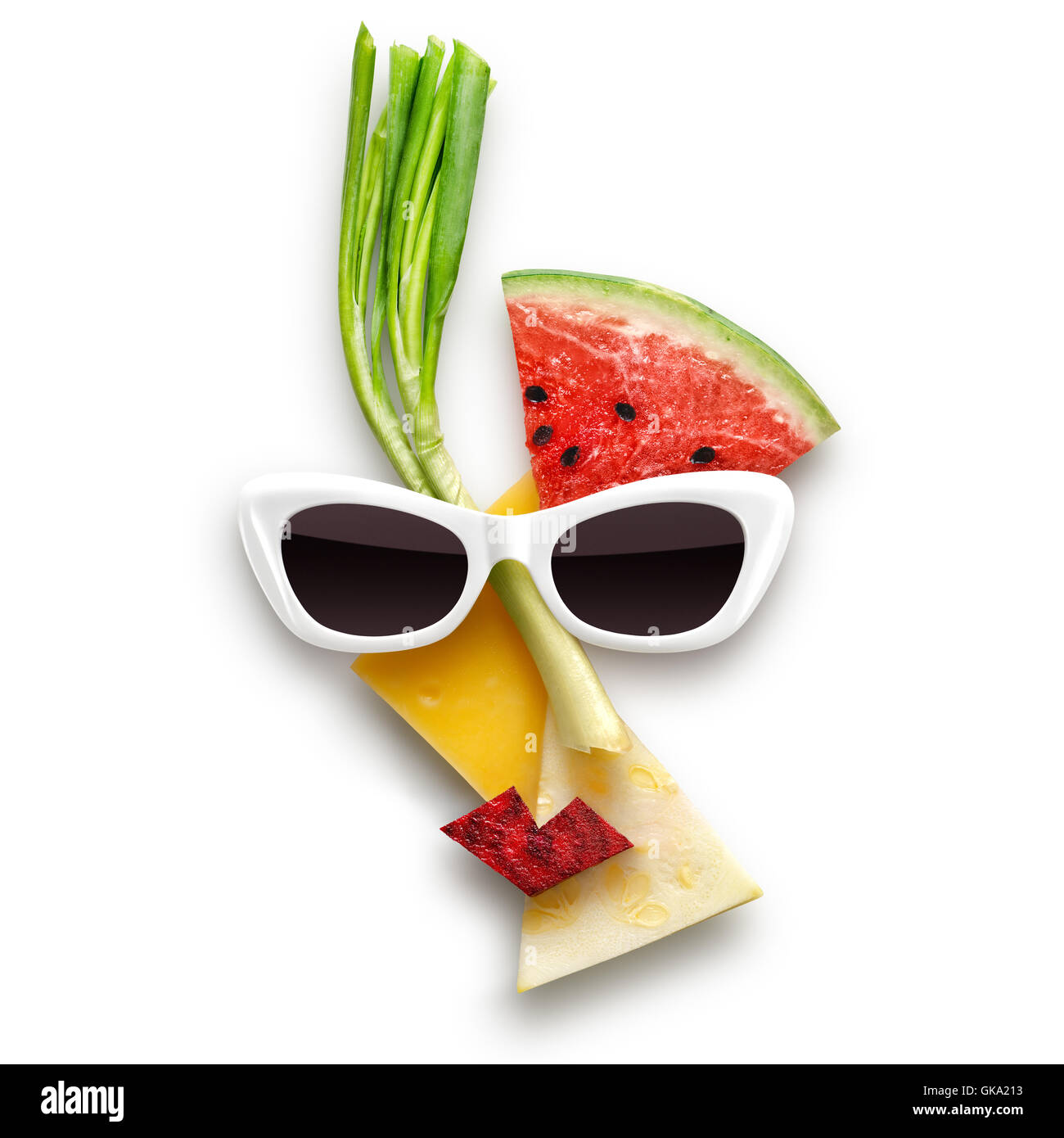 Quirky food concept of cubist style female face in sunglasses made of ...