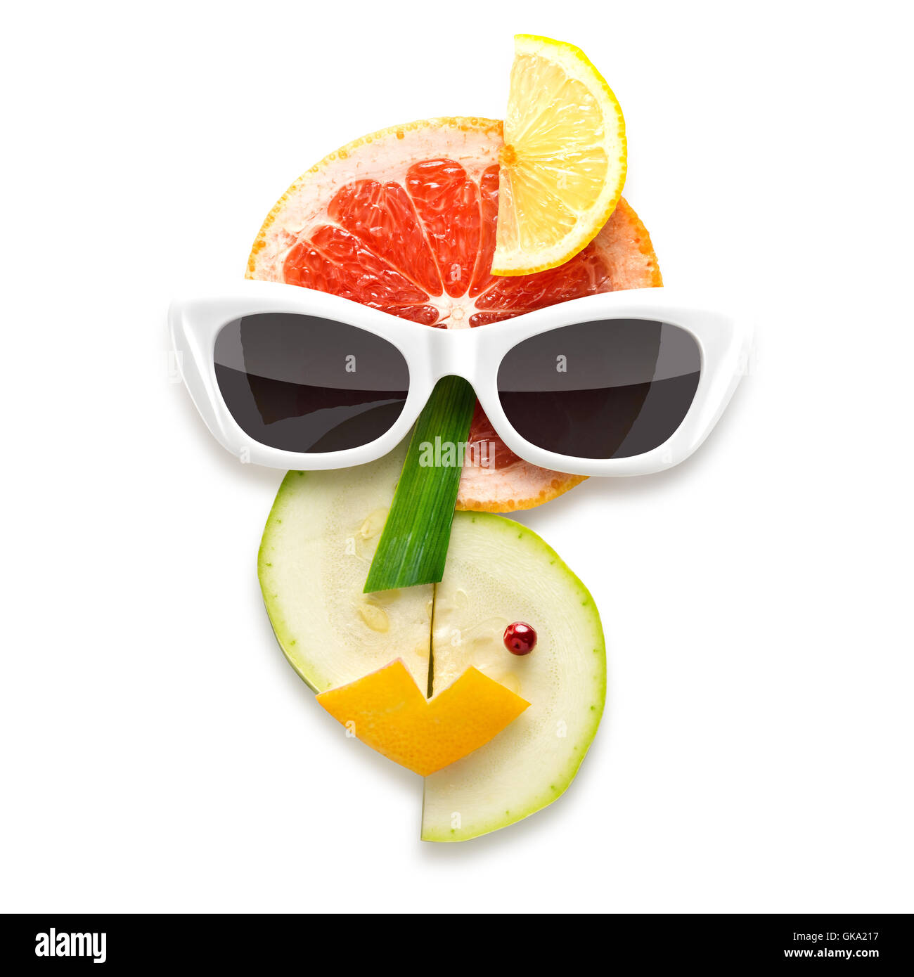 Quirky food concept of cubist style female face in sunglasses made of ...