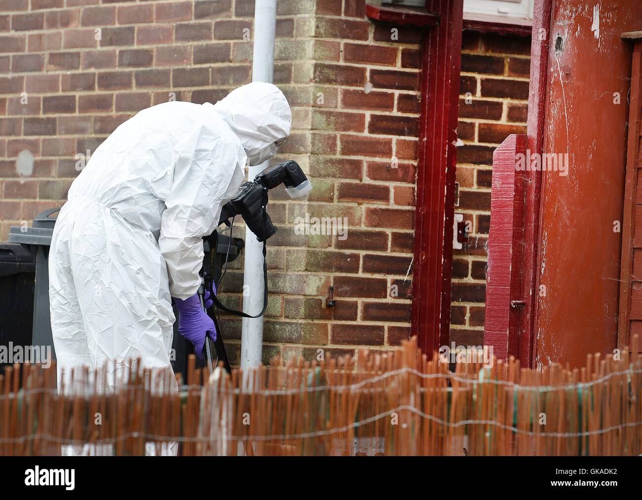 A forensic officer outside a property in Parker Way, Halstead, Essex ...